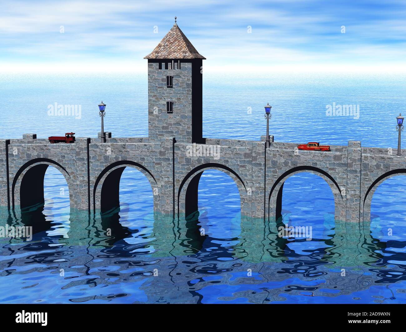 stone bridge with towers in the water Stock Photo - Alamy