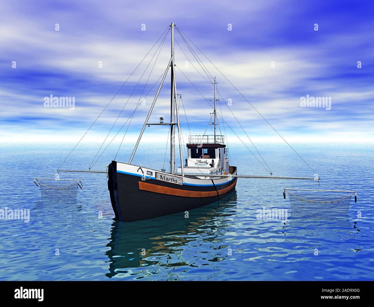 Cutter as a fishing boat with nets Stock Photo - Alamy