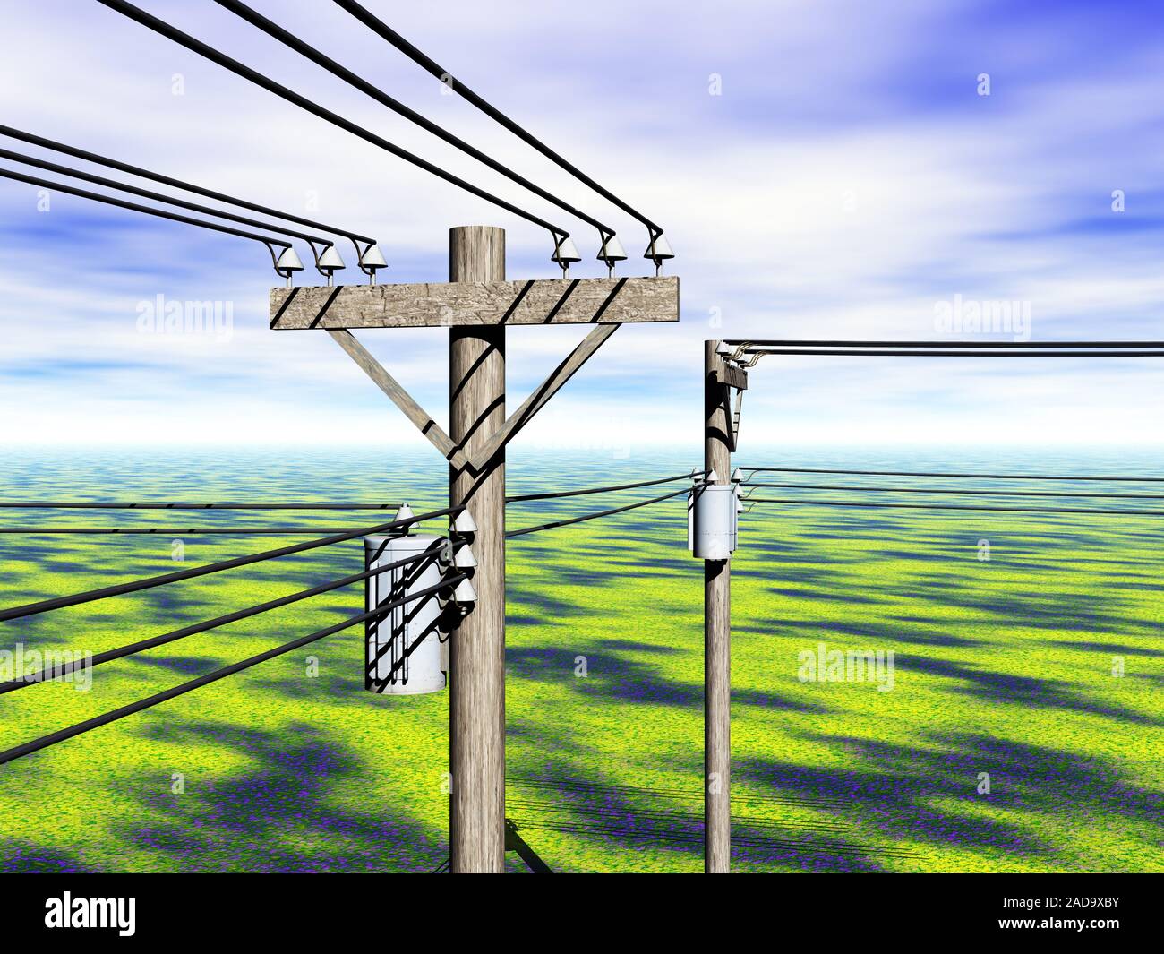Power line on wooden poles over land Stock Photo - Alamy