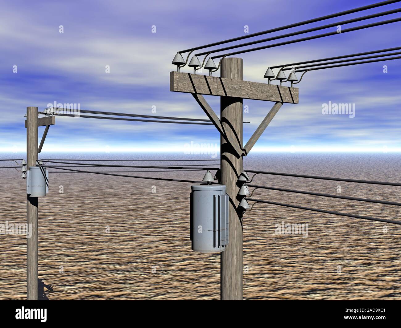 Power line on wooden poles over land Stock Photo - Alamy