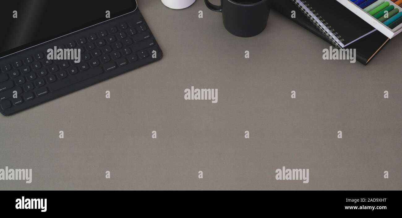 Top view of modern workplace with laptop computer and office supplies ...