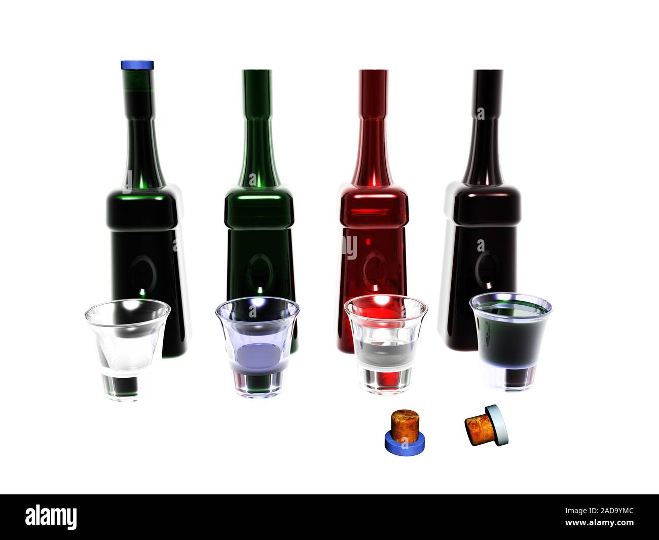 colored liquor bottles and glasses Stock Photo - Alamy
