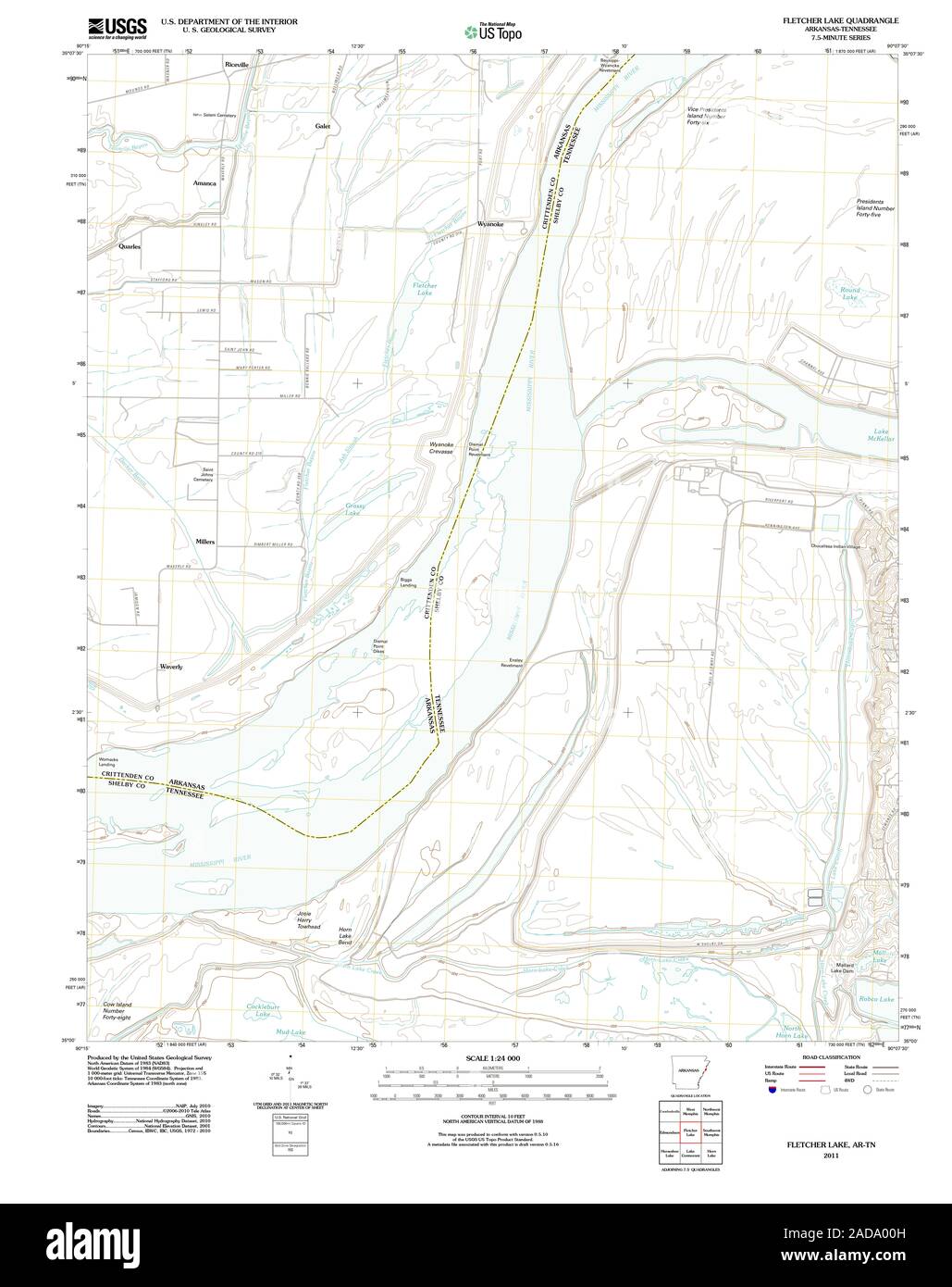 USGS TOPO Map Tennessee AR Fletcher Lake 20110809 TM Restoration Stock ...