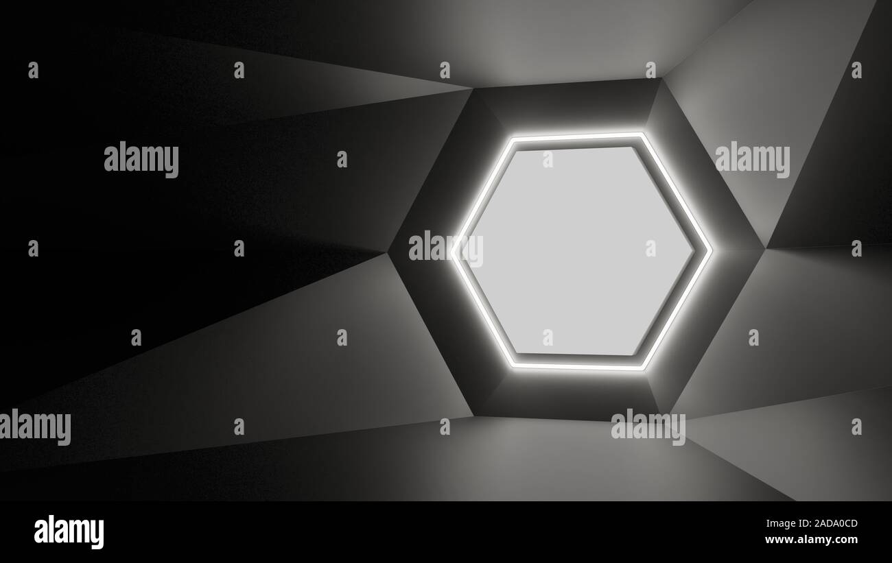 Abstract geometry lit by a neon white hexagonal lamp. Soft shadows. 3D ...