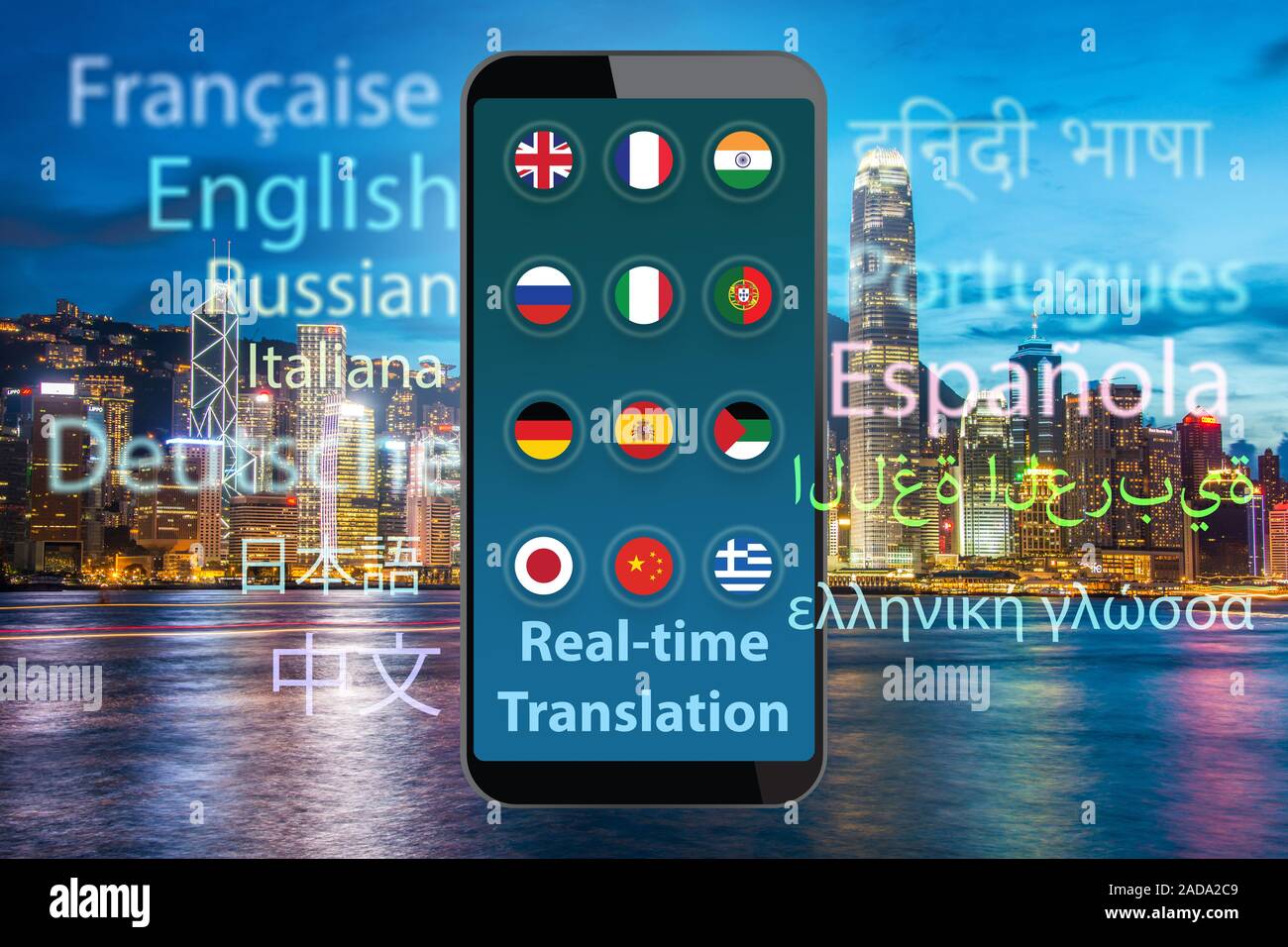 Concept of real time translation with smartphone app - 3d render Stock ...