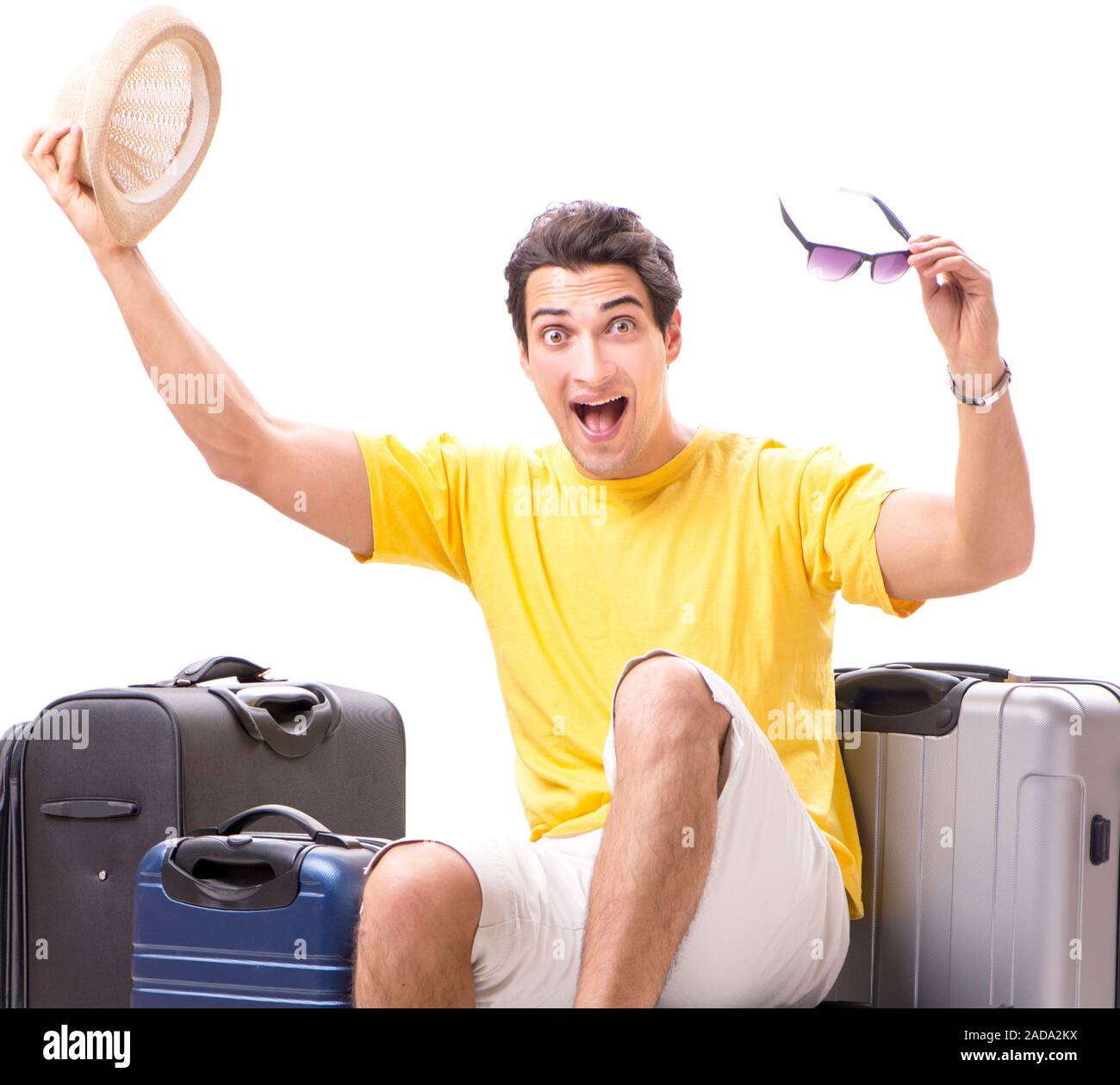 Happy young man going on summer vacation isolated on white Stock Photo ...