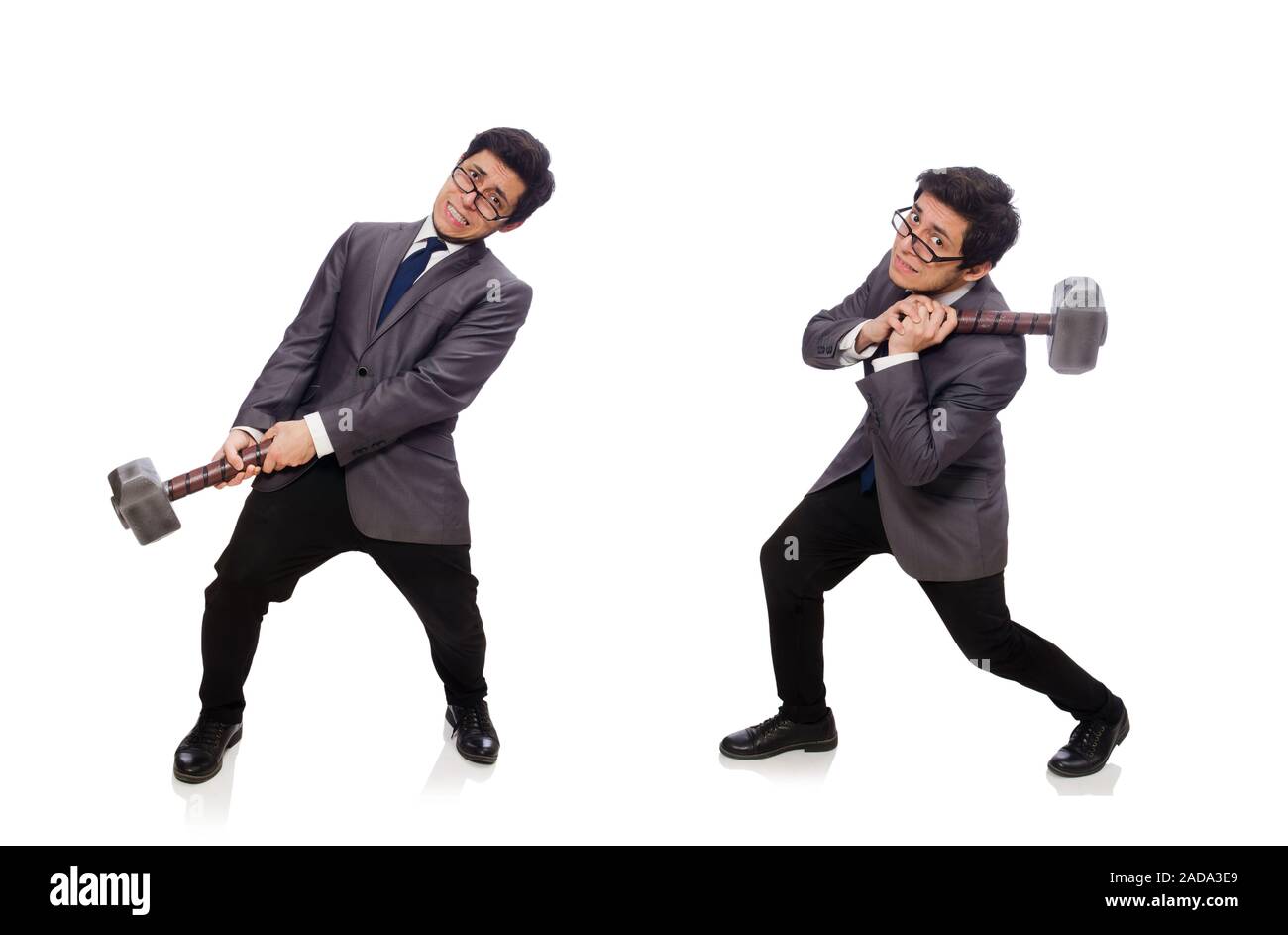 Business man holding hammer isolated on white Stock Photo - Alamy