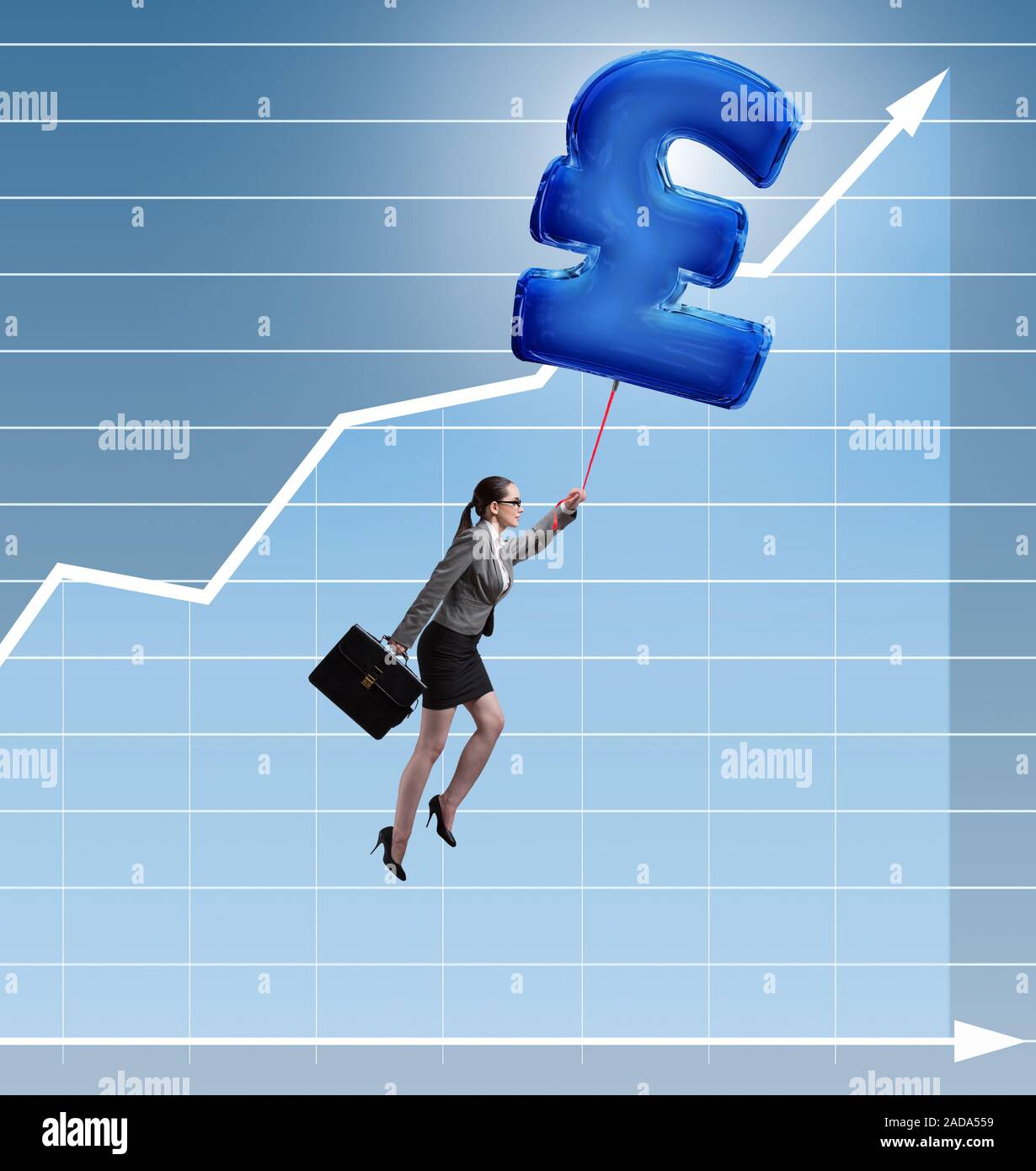 Businesswoman flying on british pound sign inflatable balloon Stock ...