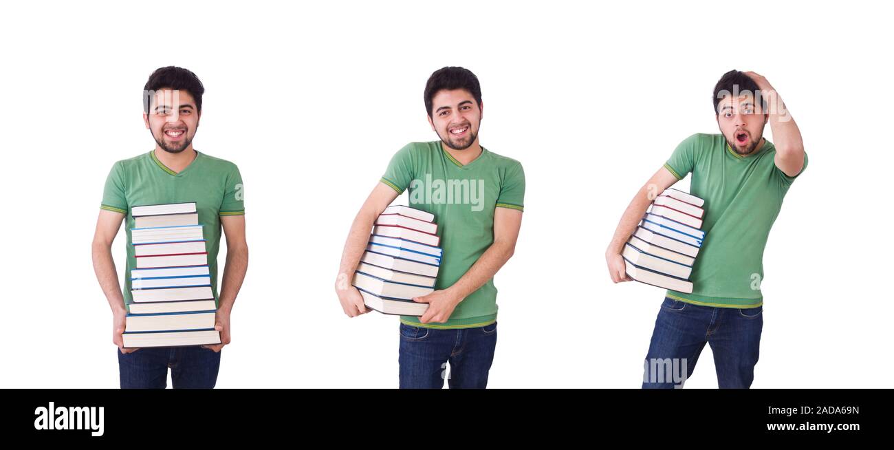 Student with lots of books on white Stock Photo - Alamy