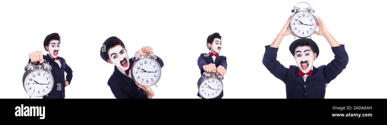 Funny man with clock on white Stock Photo - Alamy