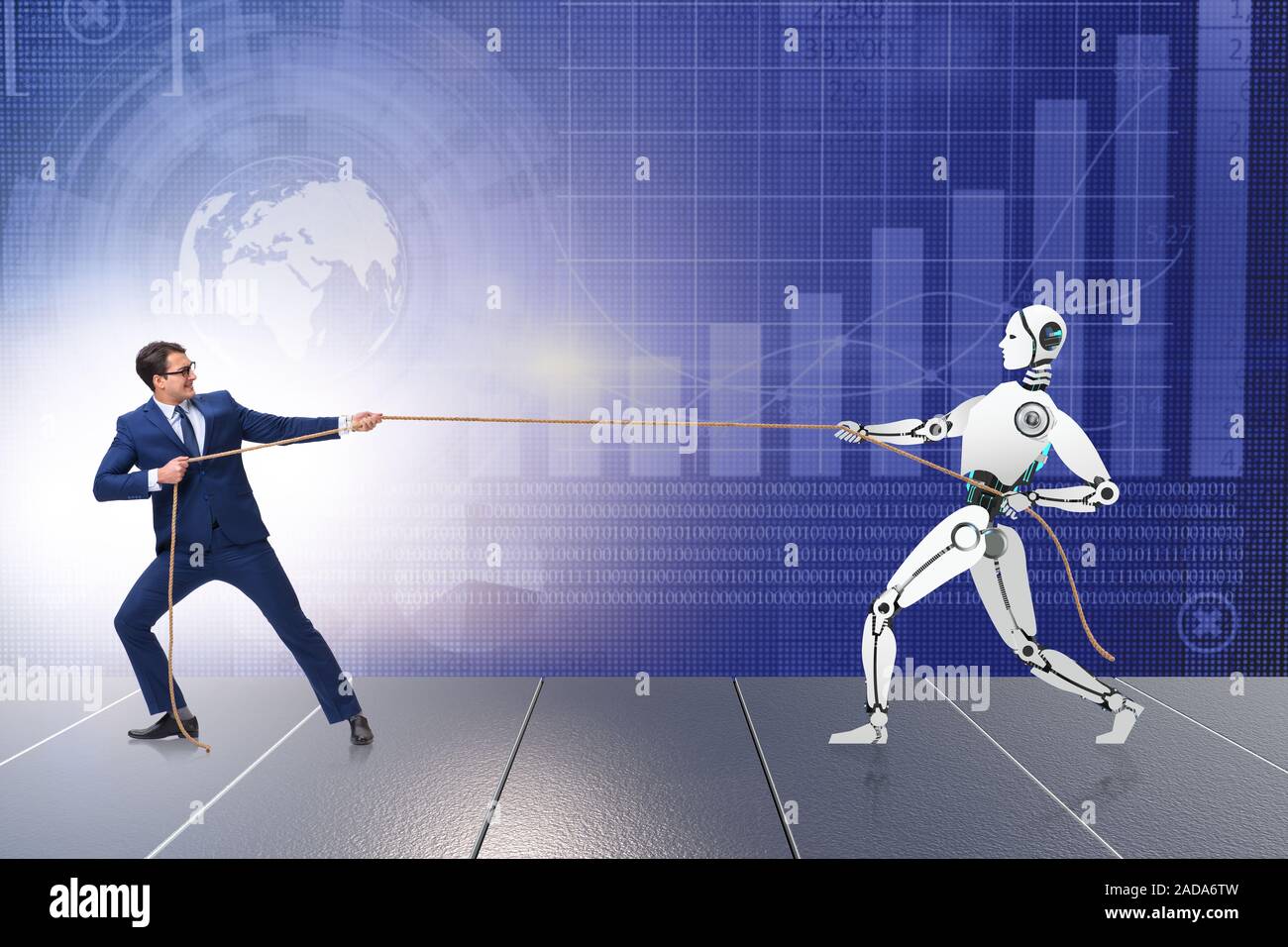 Competition between humans and robots in tug of war concept Stock Photo ...