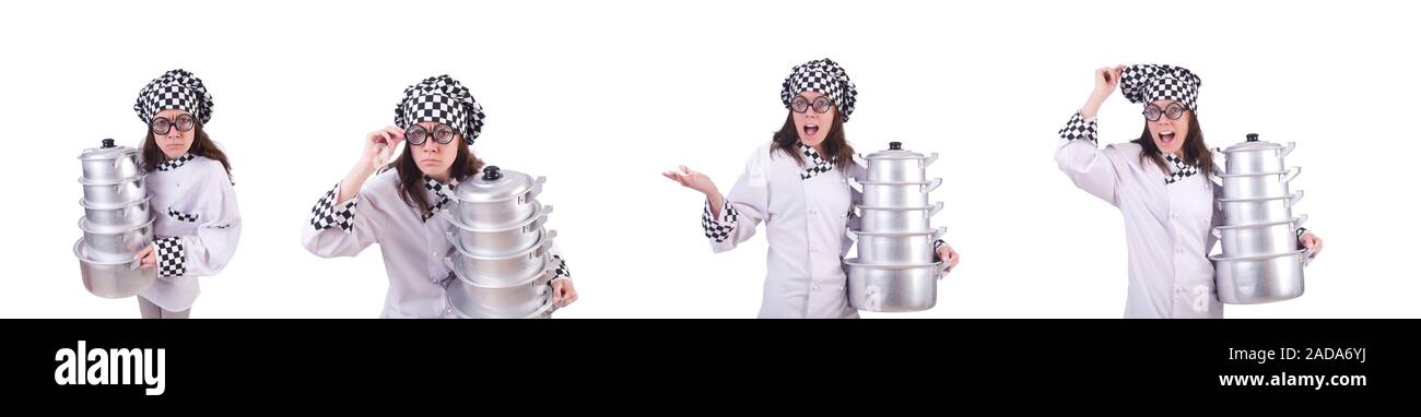 Cook with stack of pots on white Stock Photo - Alamy