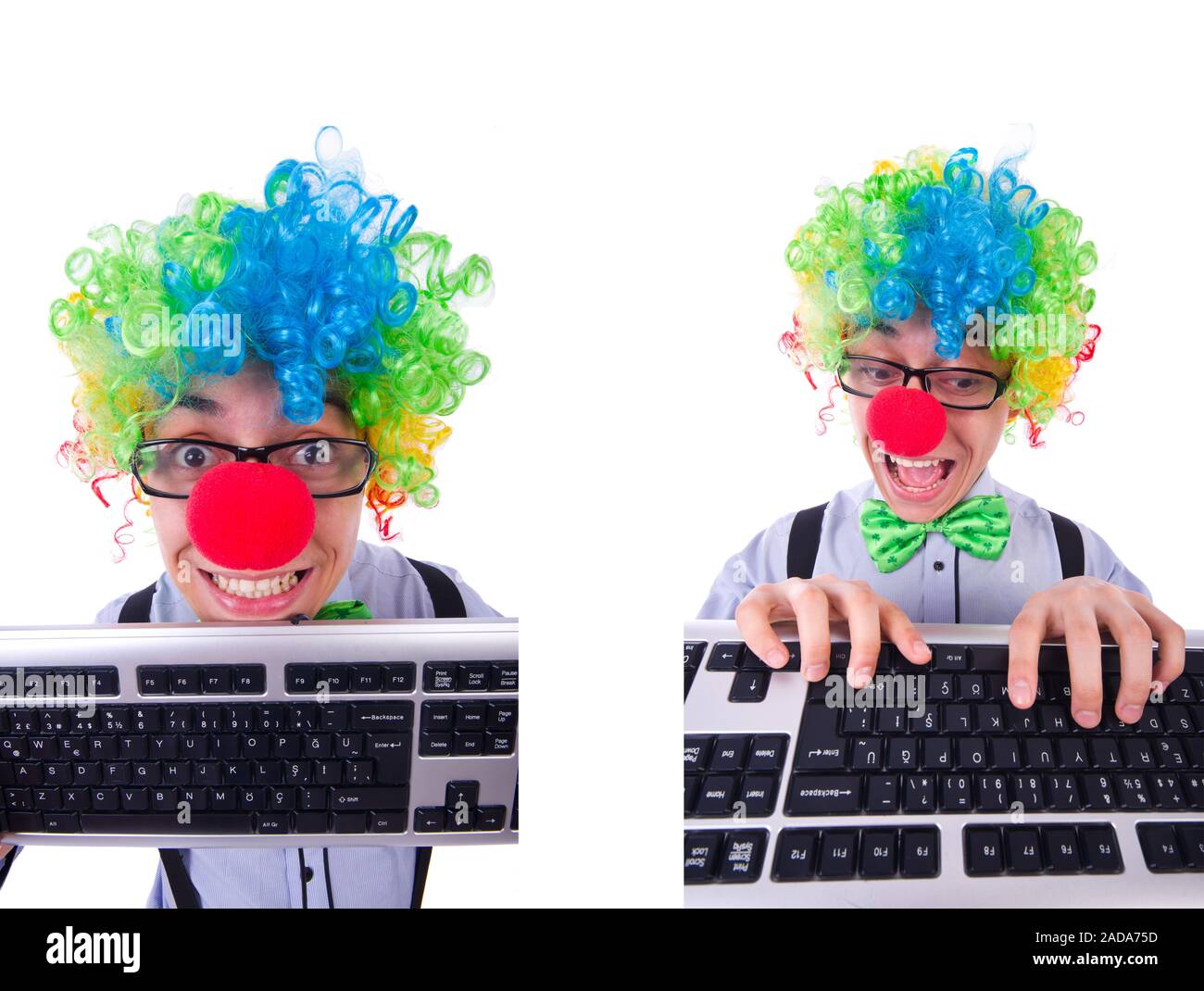 Funny guy with clown wig on white Stock Photo - Alamy