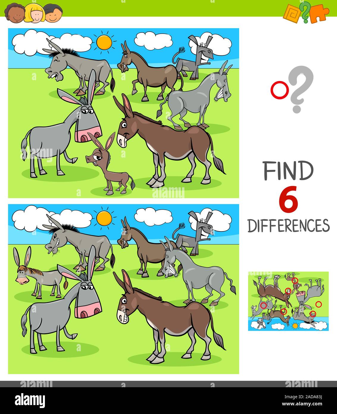 differences game with donkeys animal characters Stock Photo - Alamy