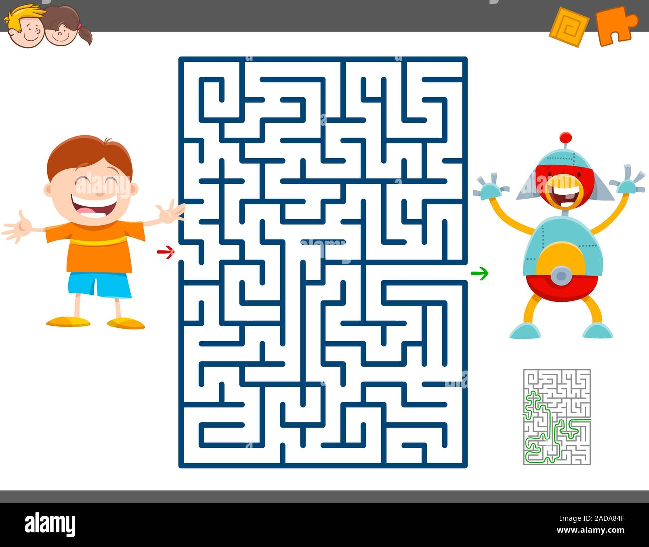 maze game with cartoon boy and toy robot Stock Photo - Alamy