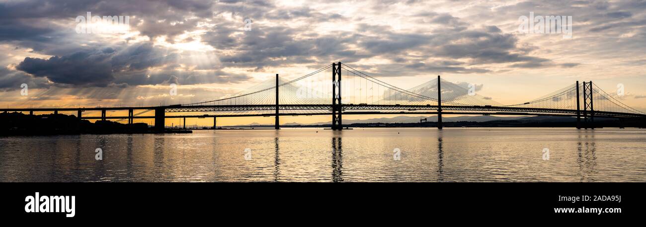 Beautiful sunset at The Forth road bridge and Queensferry crossing ...