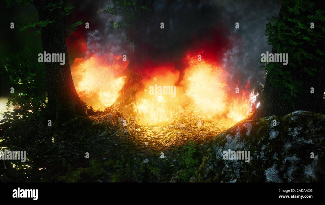 Wind blowing on a flaming trees during a forest fire Stock Photo - Alamy