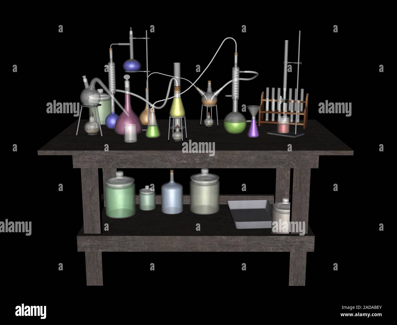 Laboratory table with glassware and chemicals Stock Photo - Alamy
