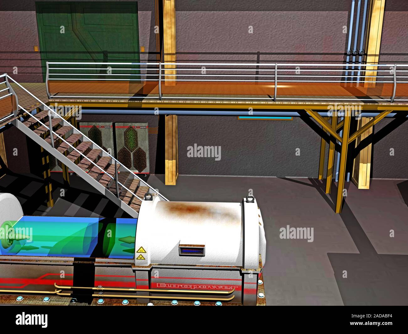 Factory hall with wires and crane Stock Photo - Alamy