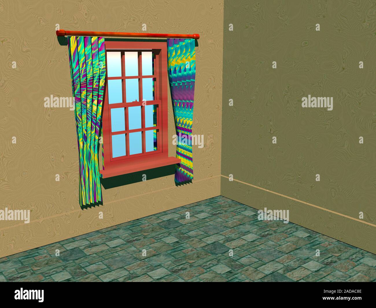 Wooden window with curtains in flat 3D rendering Stock Photo - Alamy