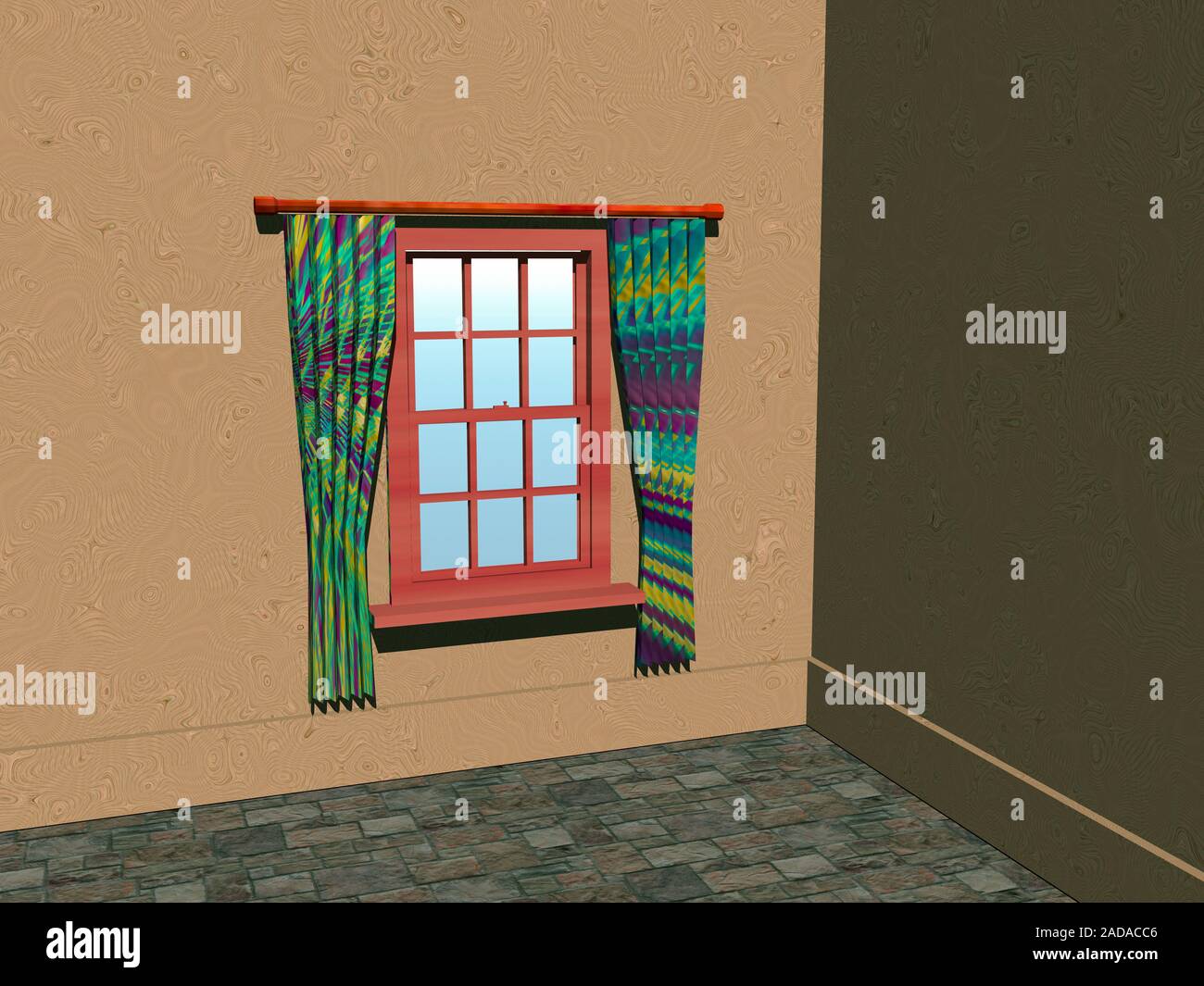 Wooden window with curtains in flat 3D rendering Stock Photo - Alamy