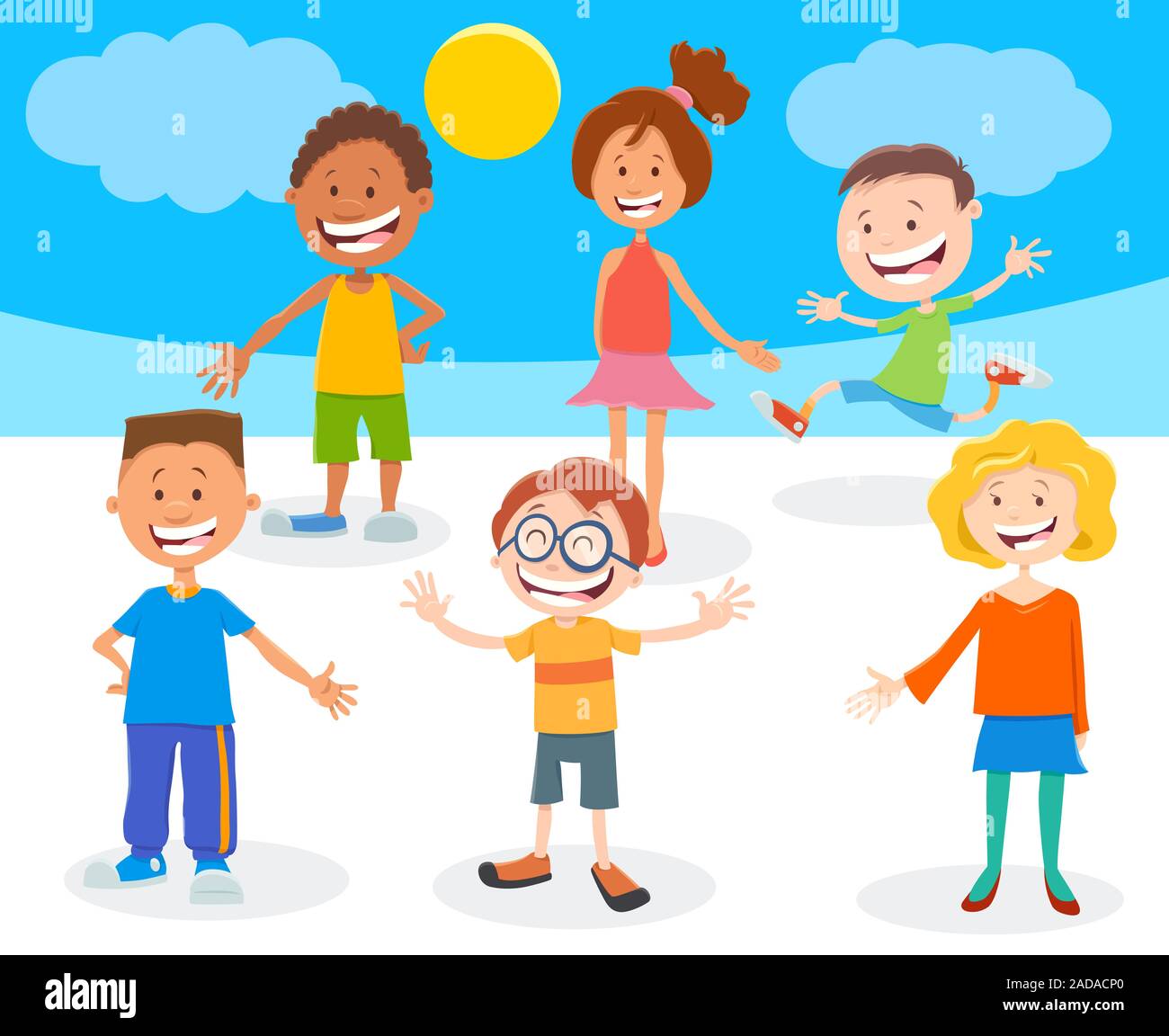 happy cartoon children characters group Stock Photo - Alamy