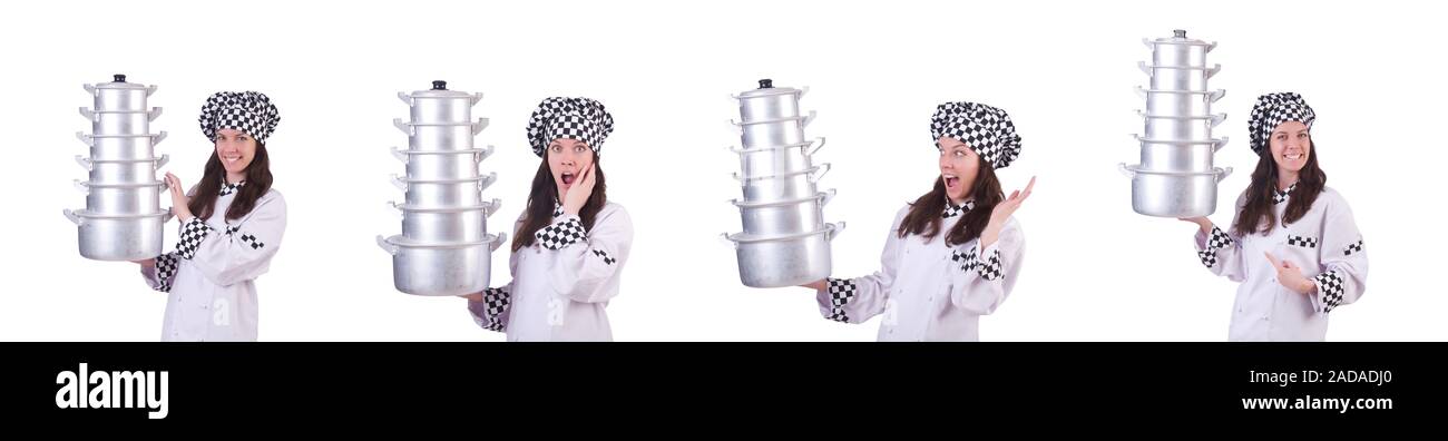 Cook with stack of pots on white Stock Photo - Alamy
