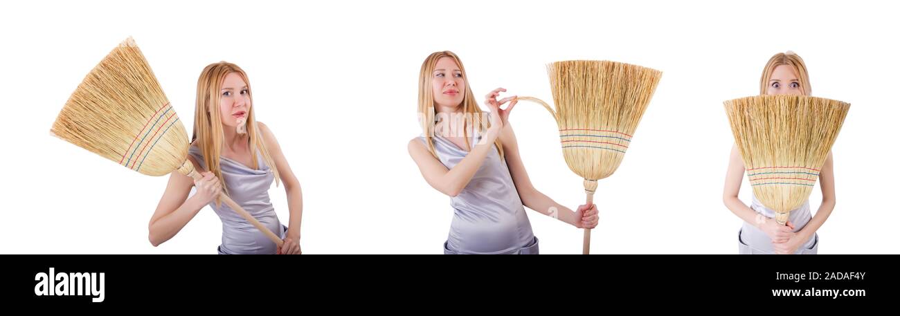 Young woman with broom on white Stock Photo - Alamy