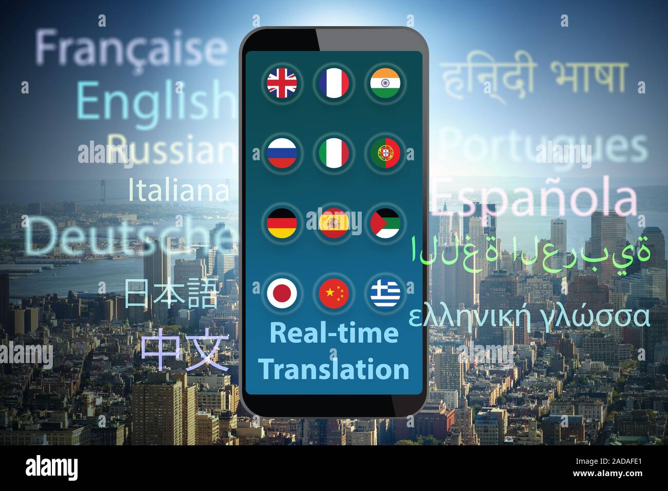 Concept of real time translation with smartphone app - 3d render Stock ...