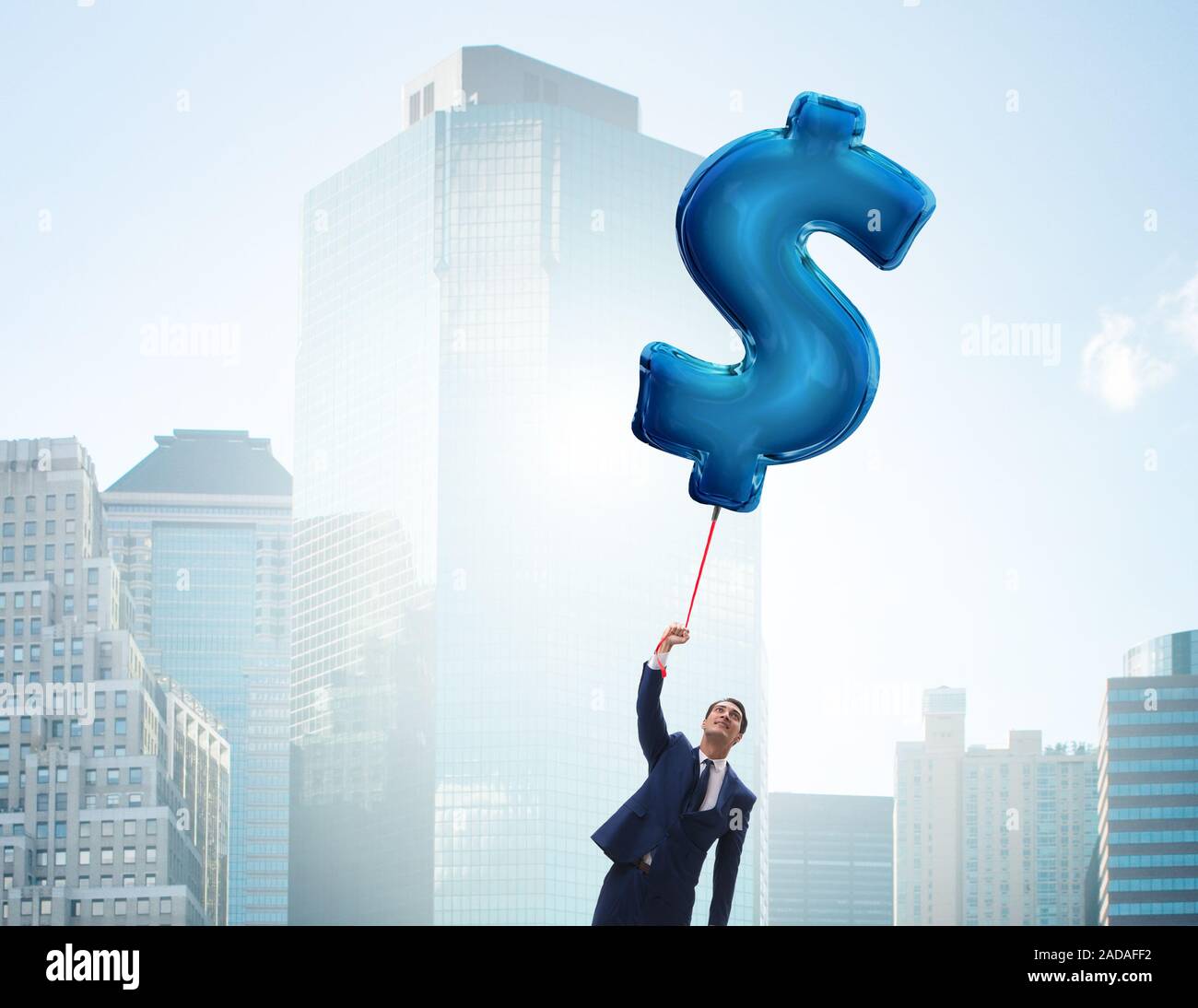 Businessman flying on dollar sign inflatable balloon Stock Photo - Alamy