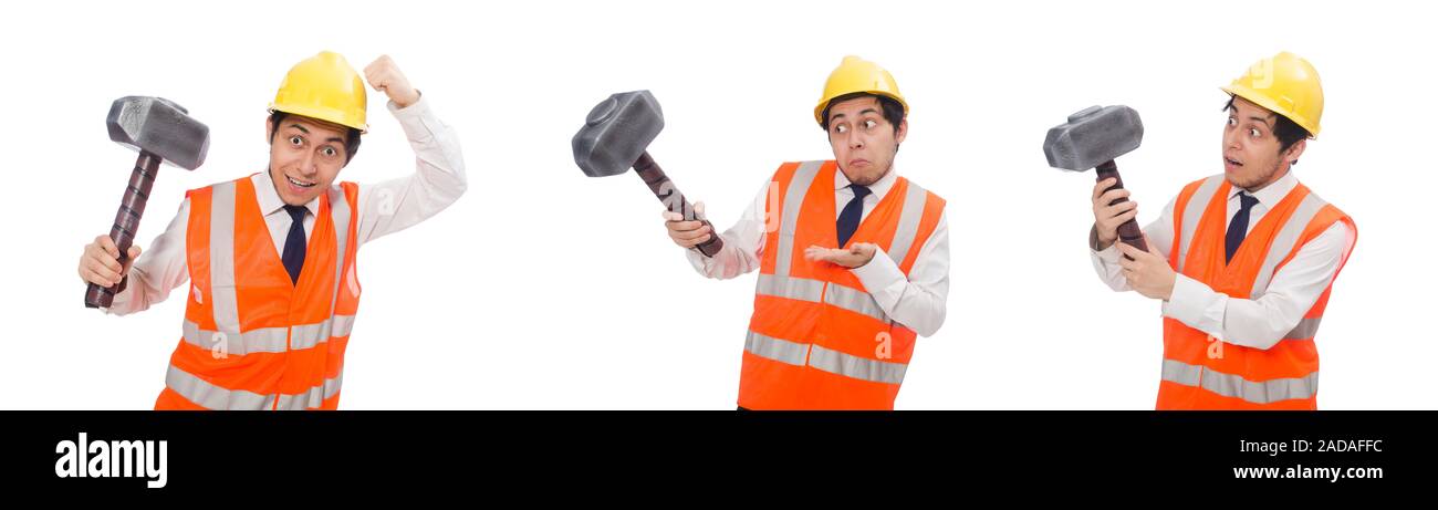 Construction worker with hammer isolated on white Stock Photo - Alamy