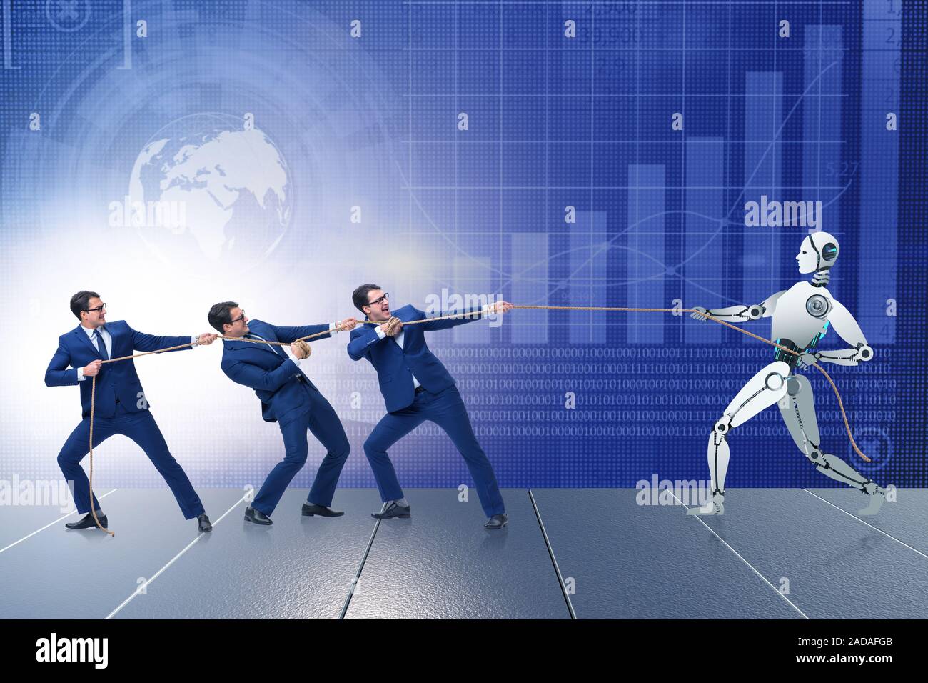Competition between humans and robots in tug of war concept Stock Photo ...