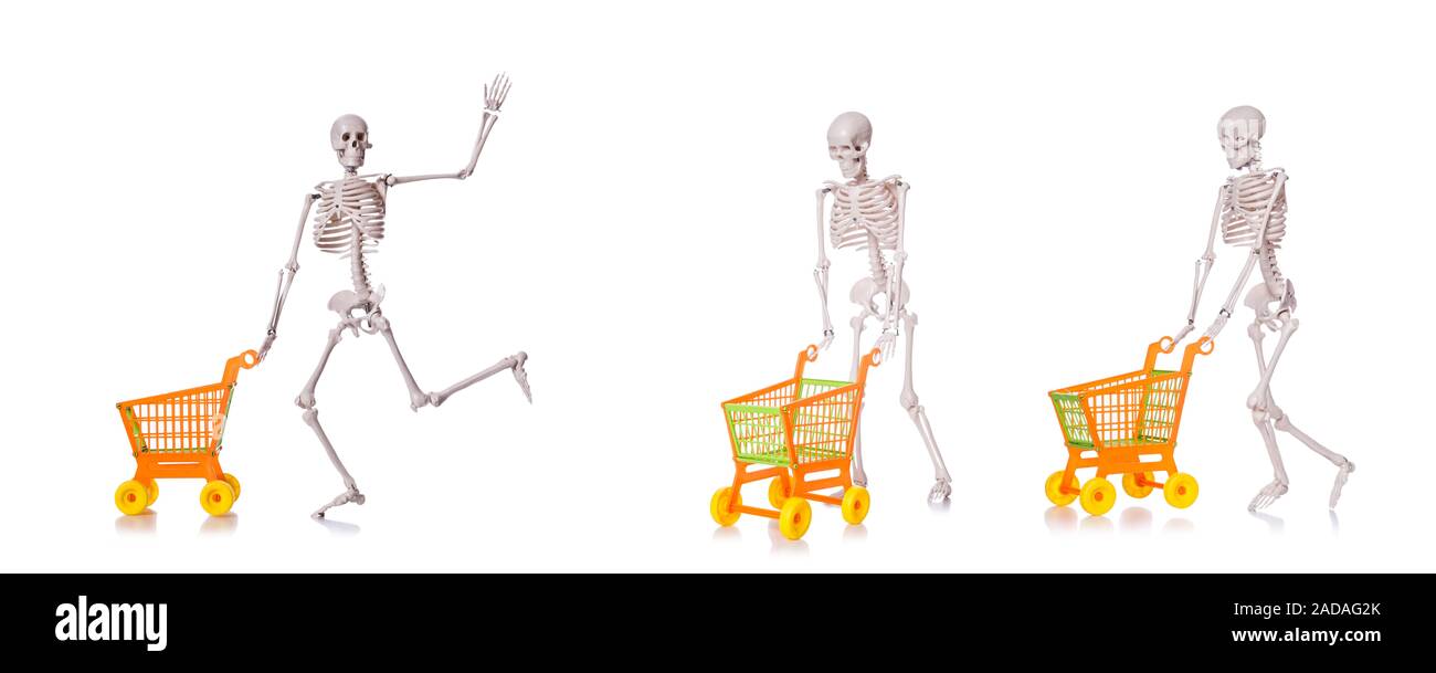 Skeleton with shopping cart trolley isolated on white Stock Photo - Alamy