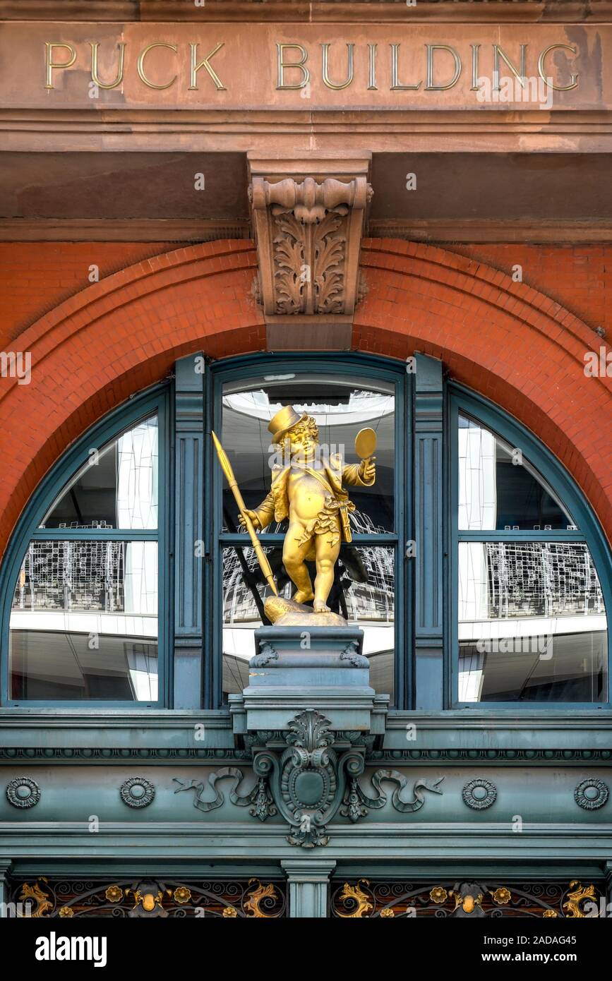 New York City - August 17, 2019: Historic Puck Building with gilded ...