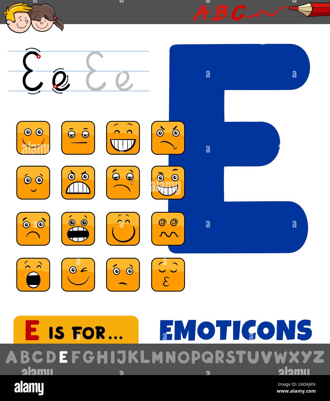 letter E worksheet with cartoon emoticons Stock Photo - Alamy