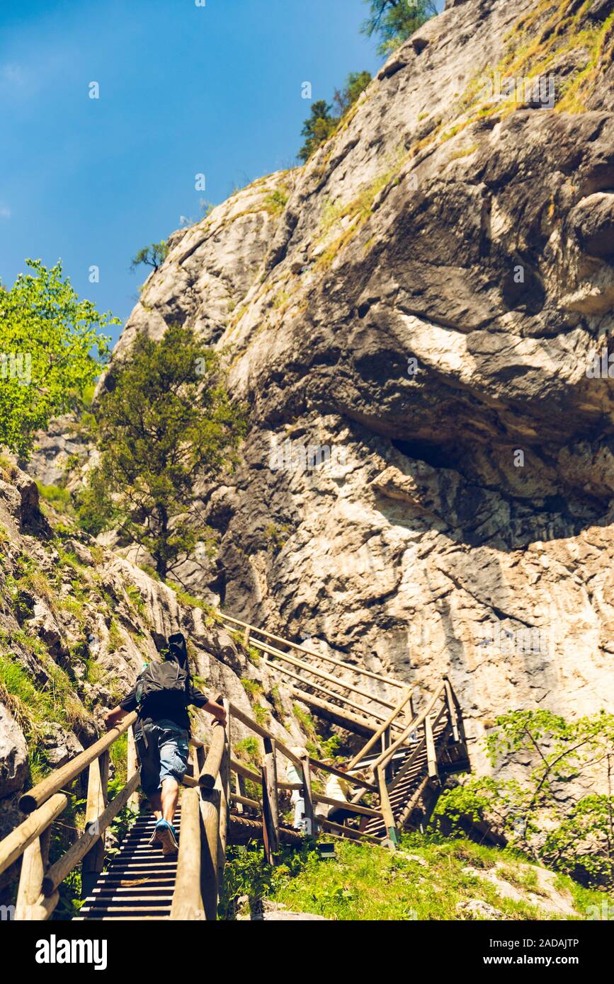 View at waterfalls path along mountain stream. Tourist spot. Travel ...
