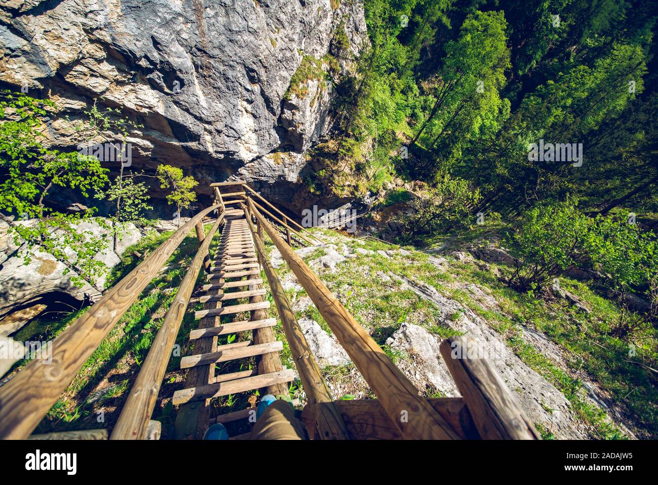 View at waterfalls path along mountain stream. Tourist spot. Travel ...