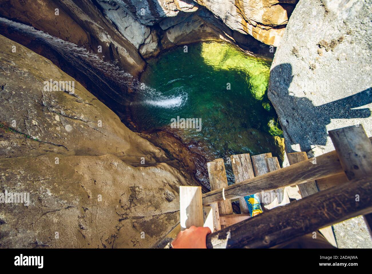 View at waterfalls path along mountain stream. Tourist spot. Travel ...