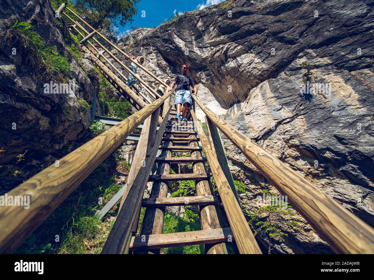 View at waterfalls path along mountain stream. Tourist spot. Travel ...
