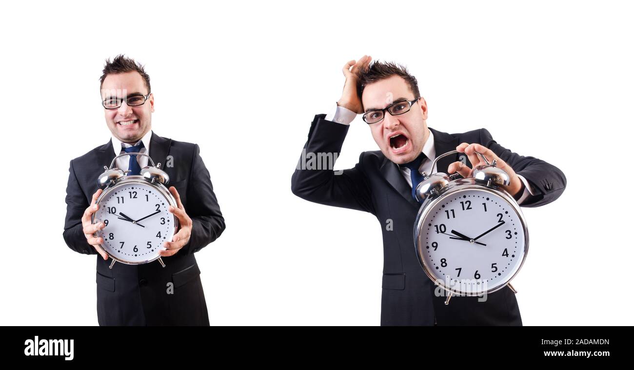 Man with alarm clock isolated on white Stock Photo - Alamy