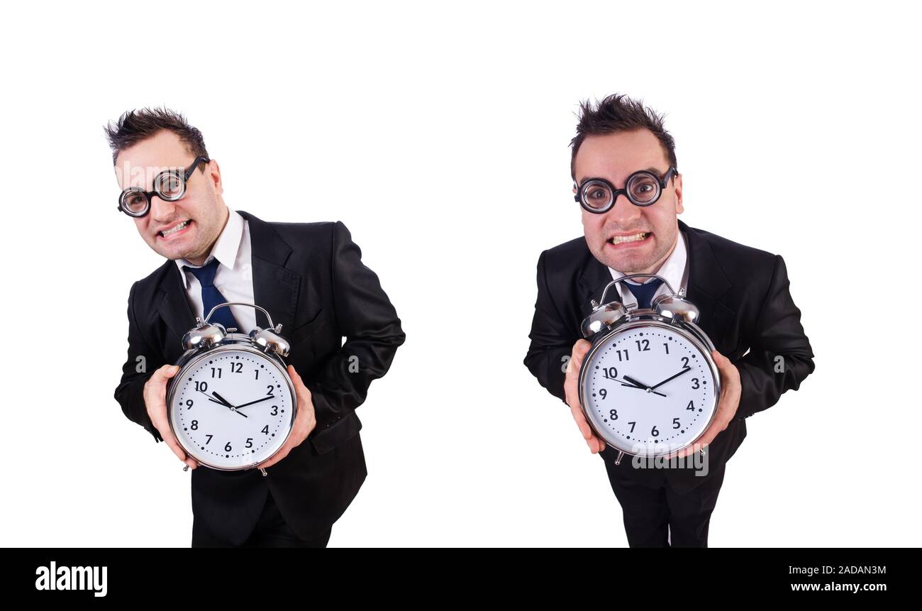 Man with alarm clock isolated on white Stock Photo - Alamy
