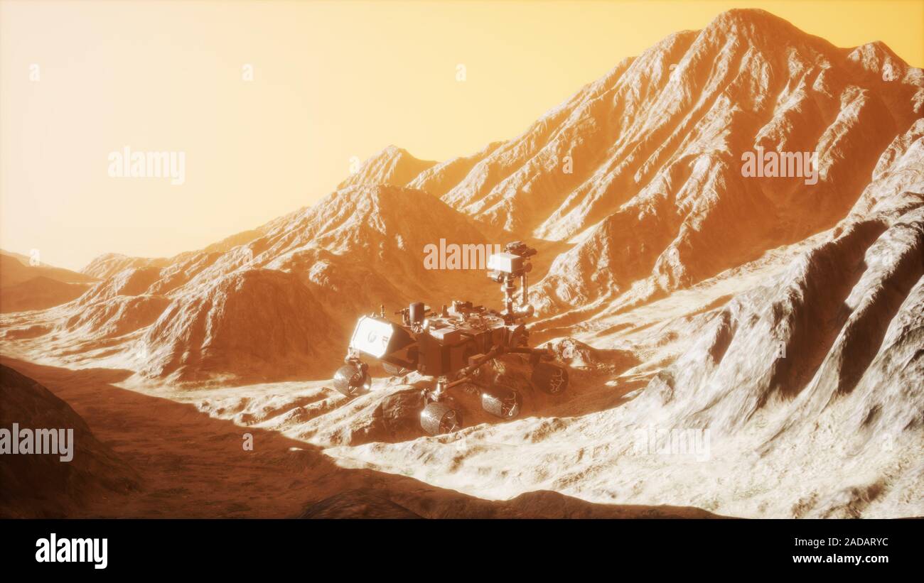 Curiosity Mars Rover exploring the surface of red planet Stock Photo ...