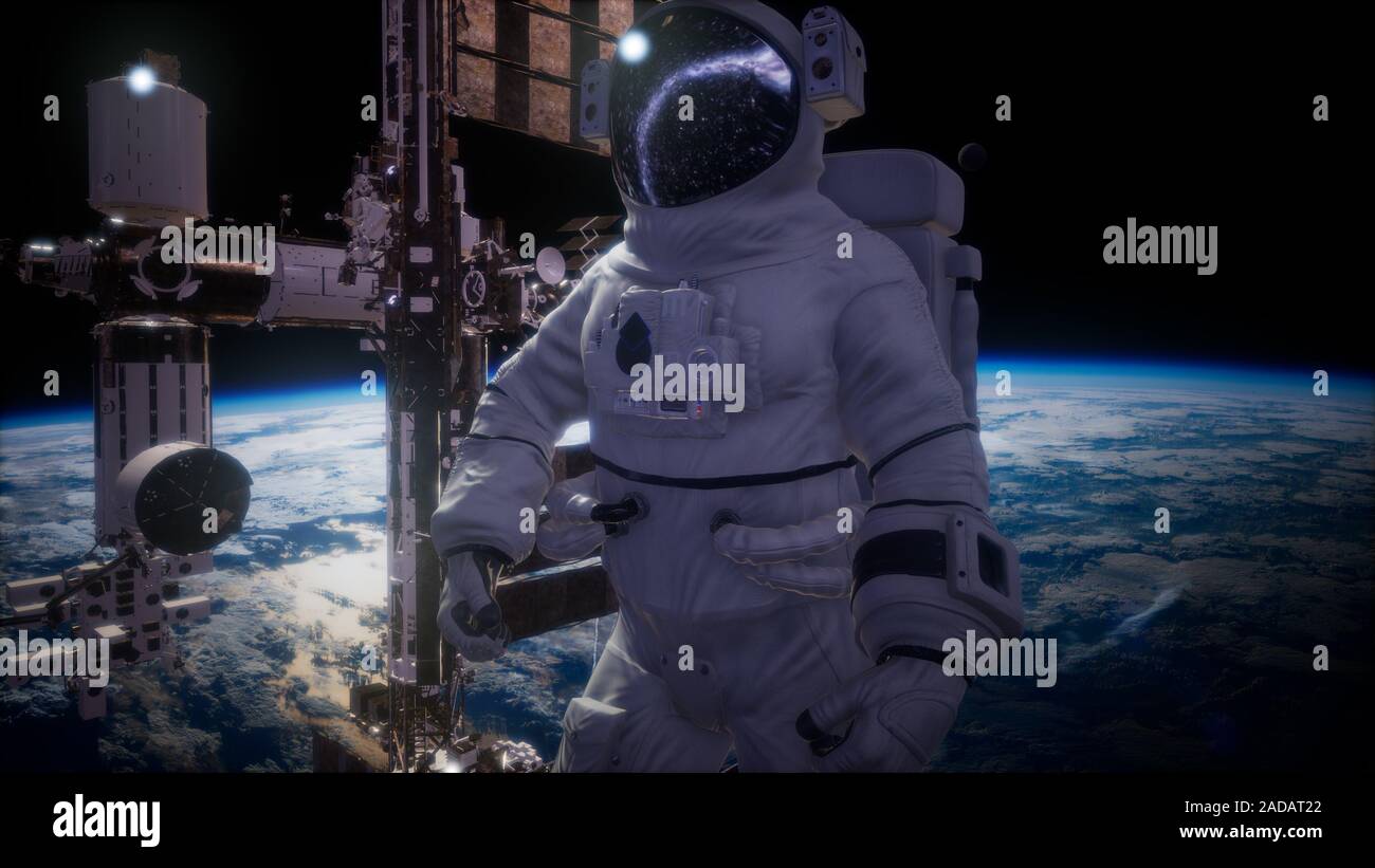 International Space Station and astronaut in outer space over the ...