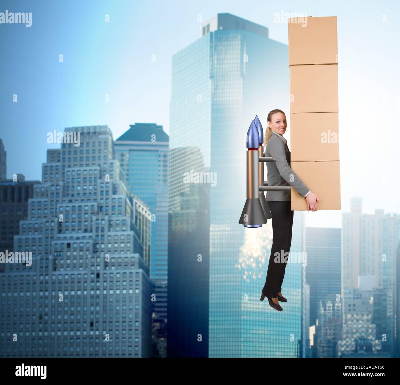 Woman in fast box delivery service on rocket Stock Photo - Alamy