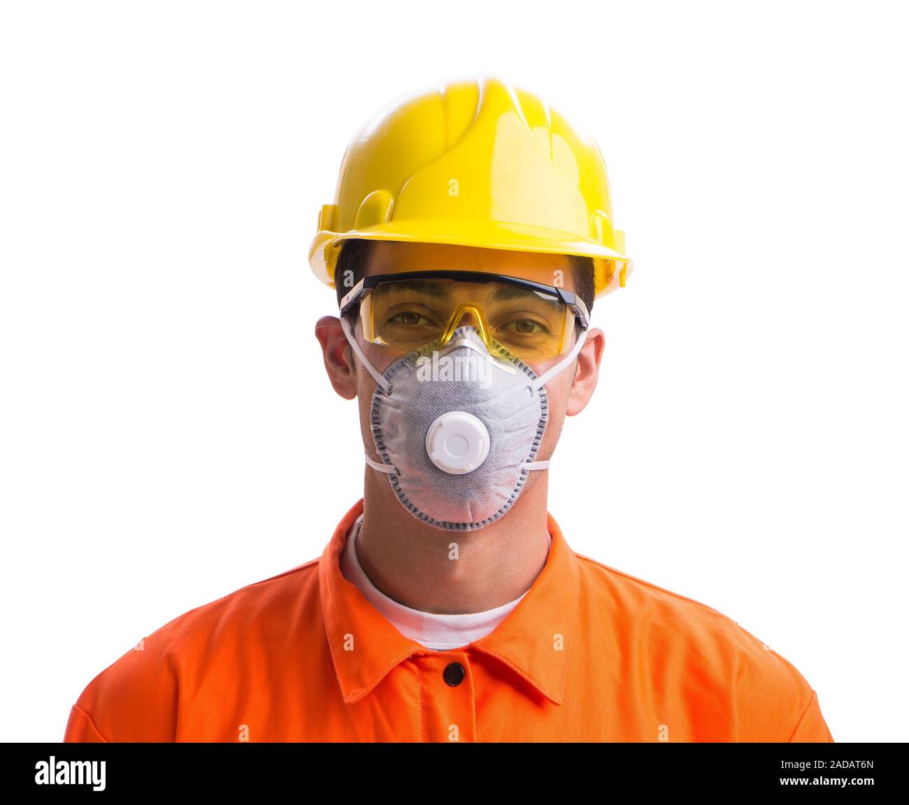 Construction worker with protective mask isolated on white Stock Photo ...