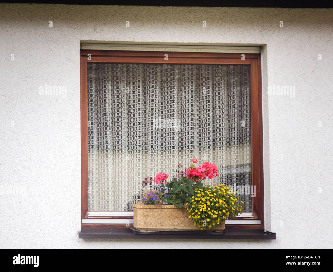beautiful strict forms window and flower garden Stock Photo - Alamy
