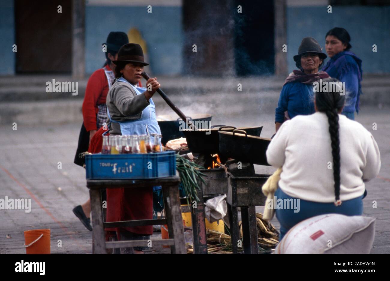 An indigenous, ethnic Quichua (Quechua) street food vendor from a small ...