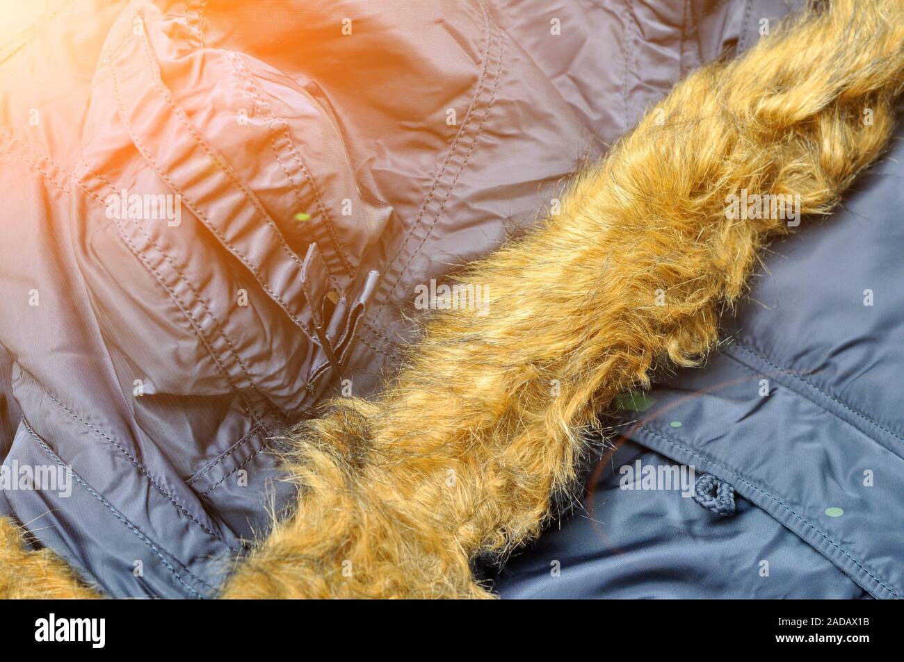 Edge of faux fur on the collar of a men's jacket. clothing Stock Photo ...