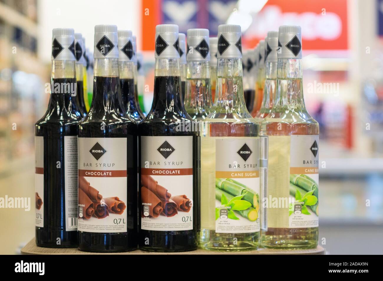 Volzhsky, Russia-may 10, 2019: Rioba syrup chocolate and cane sugar on ...