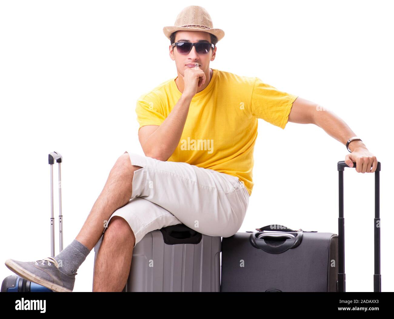 Happy young man going on summer vacation isolated on white Stock Photo ...
